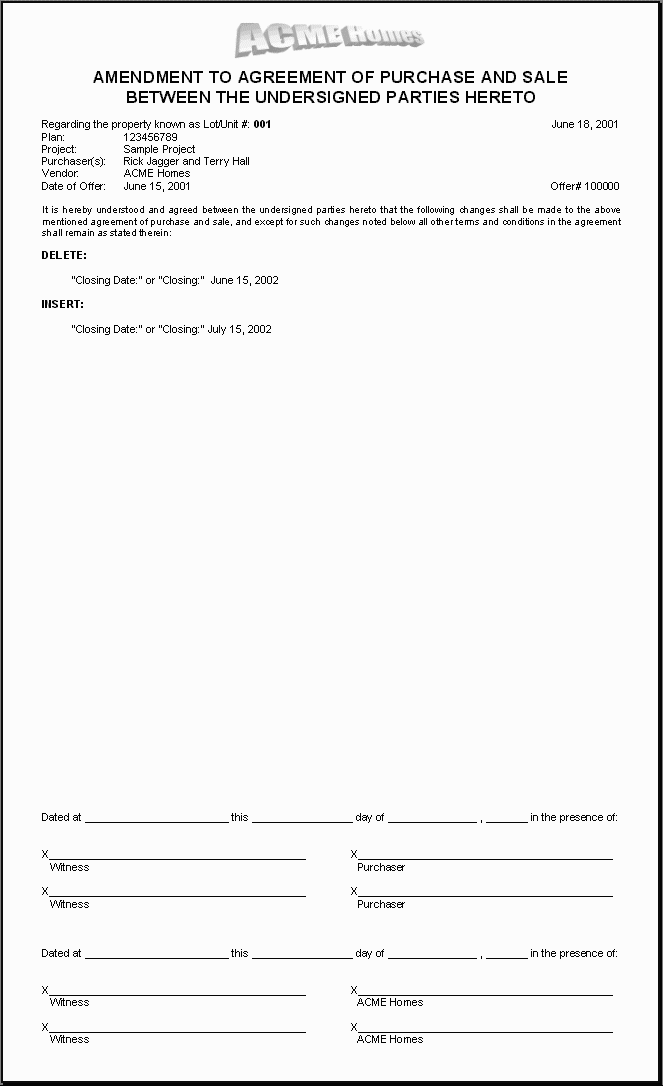 H O M E S Sample Document Amendment To Purchase Agreement